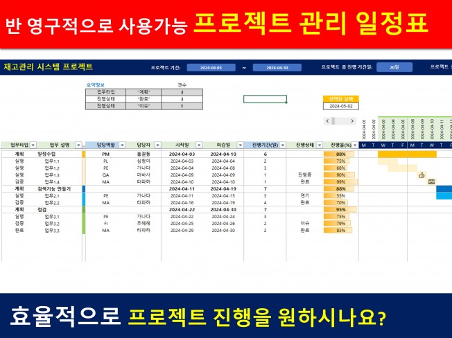 반 영구적으로 사용 가능한 엑셀 프로젝트 일정표 크몽